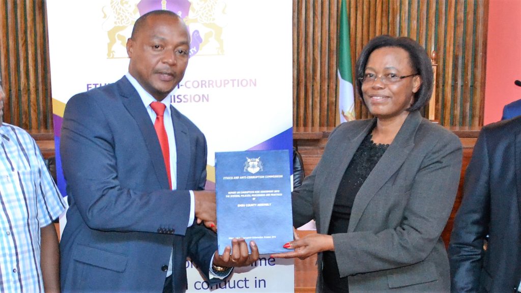 Speaker Josiah Thiriku receiving the Corruption Risk Assessment Report ...